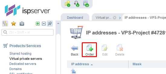 Ordering an Additional IP-address for the Virtual Dedicated Server | ISPserver